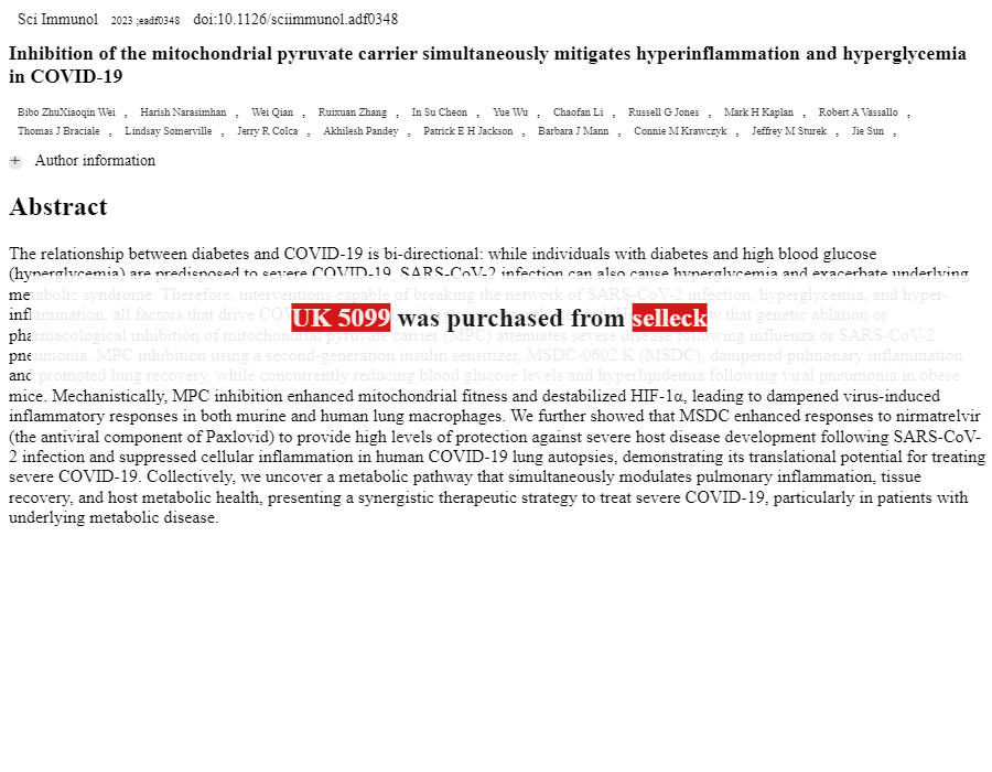 UK 5099 | 99.99%(HPLC) | Selleck | Mitochondrial pyruvate carrier inhibitor