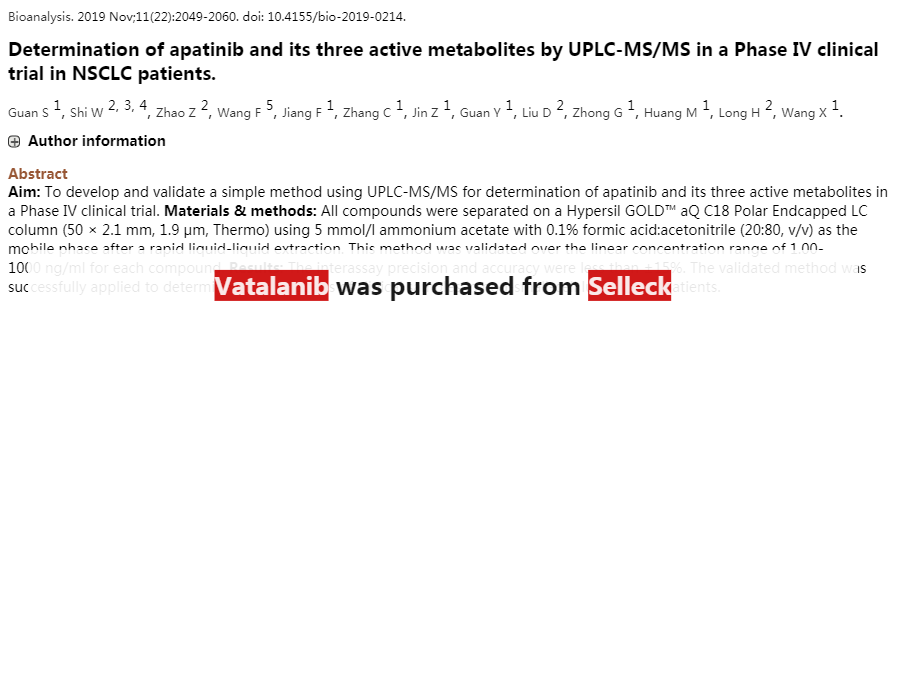 Vatalanib (PTK787) 2HCl | 购买VEGFR 抑制剂 - Selleck