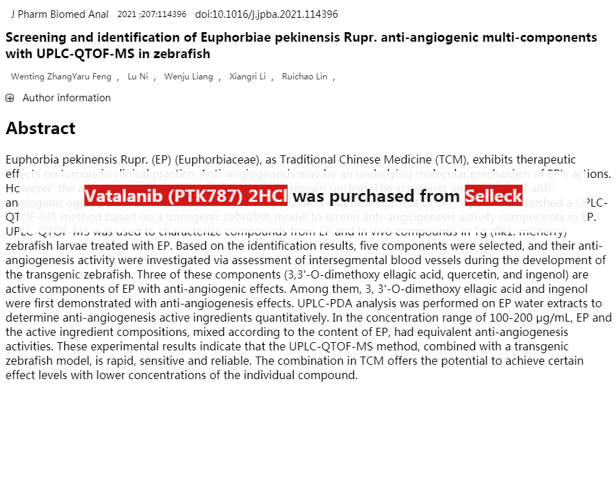 Vatalanib (PTK787) 2HCl | 购买VEGFR 抑制剂 - Selleck