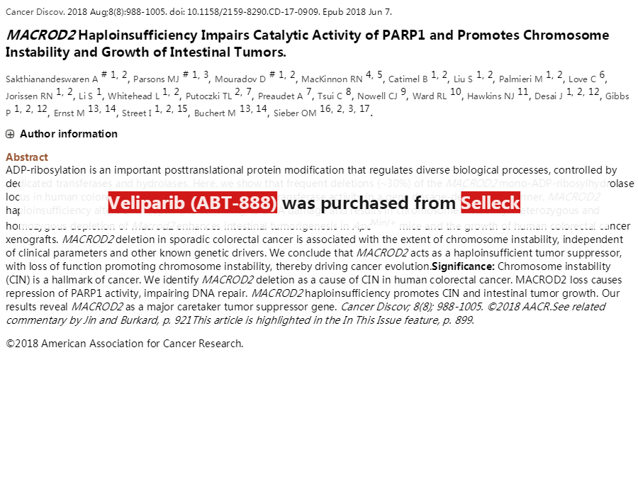 Veliparib (ABT-888) | PARP 抑制剂 | 现货供应 | 美国品牌 | 免费采购电话400-668-6834