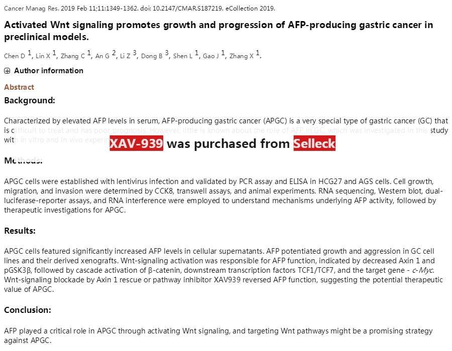 XAV-939 | PARP 抑制剂 | 现货供应 | 美国品牌 | 免费采购电话400-668-6834