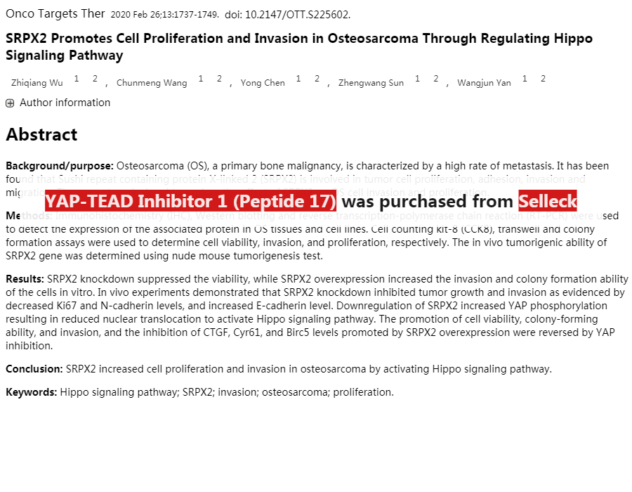 YAP-TEAD Inhibitor 1 (Peptide 17) | YAP 抑制剂 | 现货供应 | 美国品牌 | 免费采购电话400-668-6834