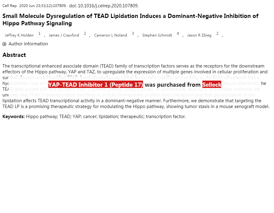 YAP-TEAD Inhibitor 1 (Peptide 17) | YAP 抑制剂 | 现货供应 | 美国品牌 | 免费采购电话400-668-6834