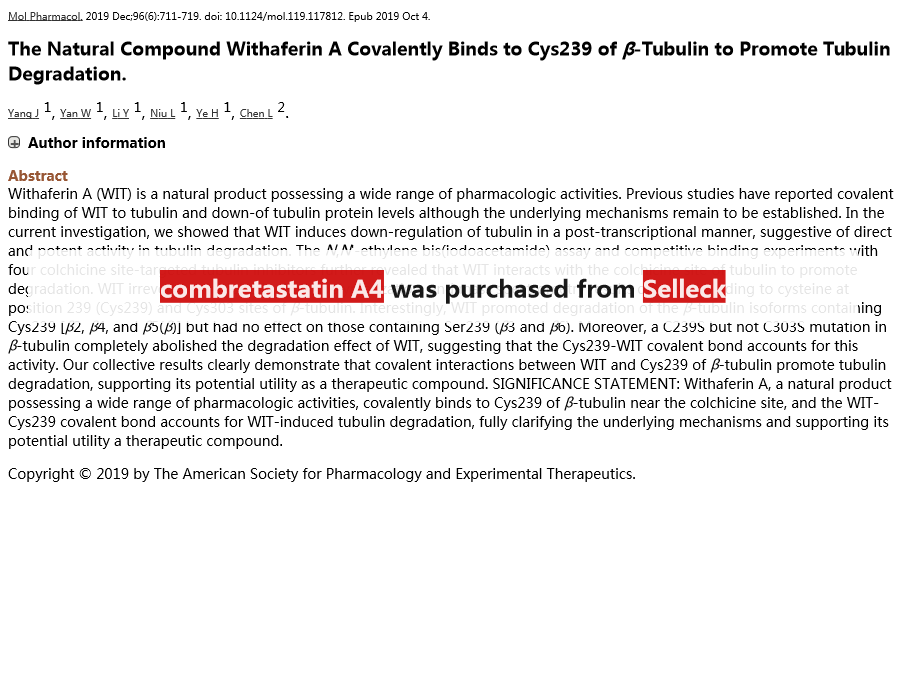 Combretastatin A4 | Microtubule Associated 抑制剂 | 现货供应 | 美国品牌 | 免费采购电话 ...