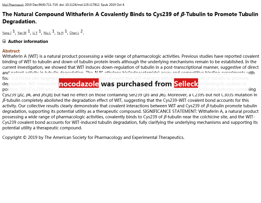 Nocodazole (R17934) | Microtubule Associated 抑制剂 | 现货供应 | 美国品牌 | 免费采购电话 ...